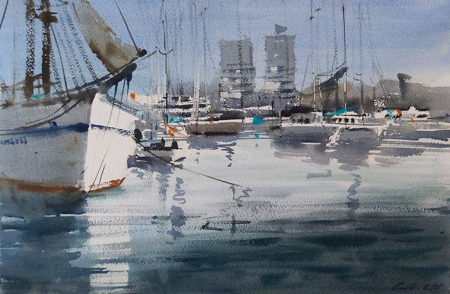 Acuarela: Marina de Barcelona - Adrian Marmolejo